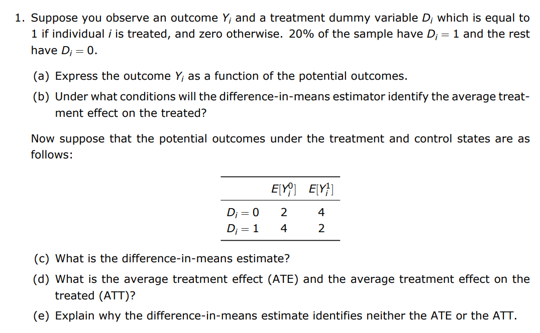 Solved Suppose you observe an outcome Yi and a treatment | Chegg.com