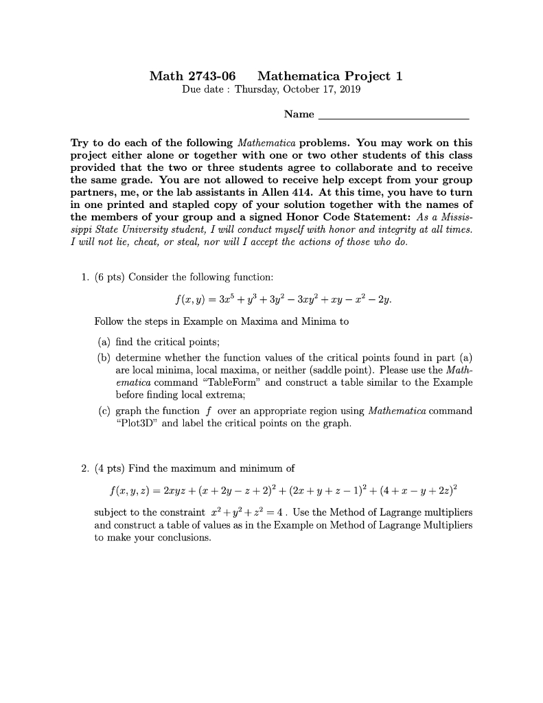 Math 2743-06 Mathematica Project 1 Due date : | Chegg.com