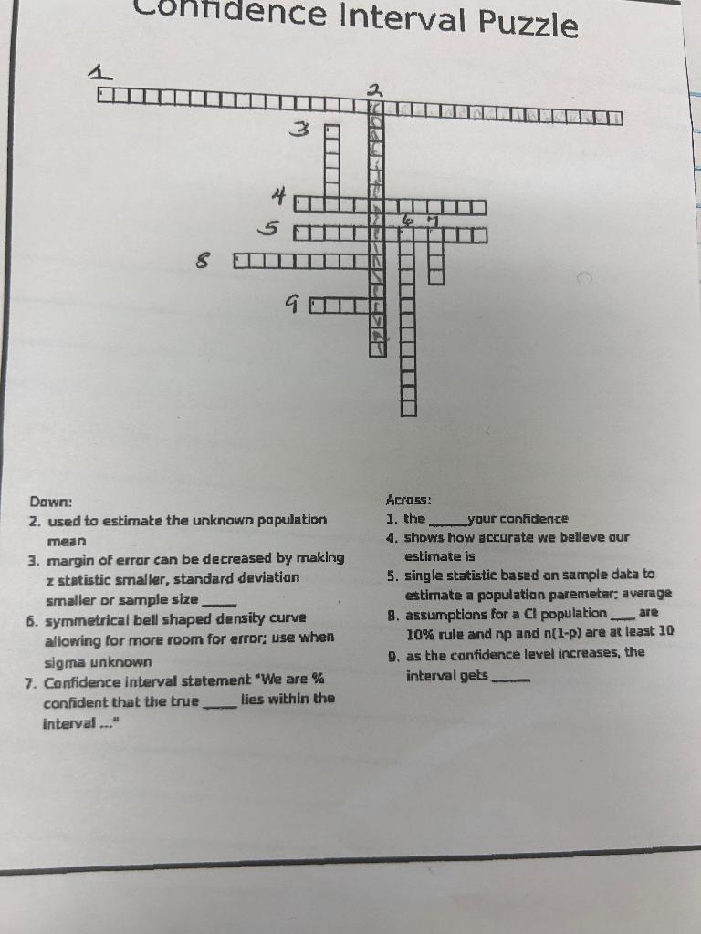 contidence Interval Puzzle Down: Acrus5: 2. used to | Chegg.com