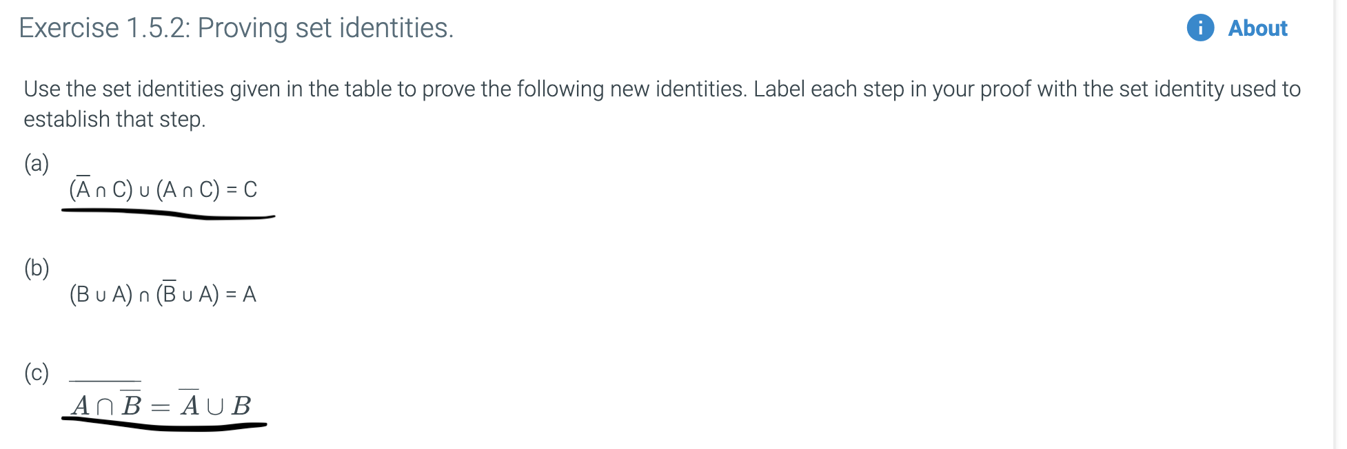Solved Exercise 1.5.2: Proving set identities. i About Use | Chegg.com