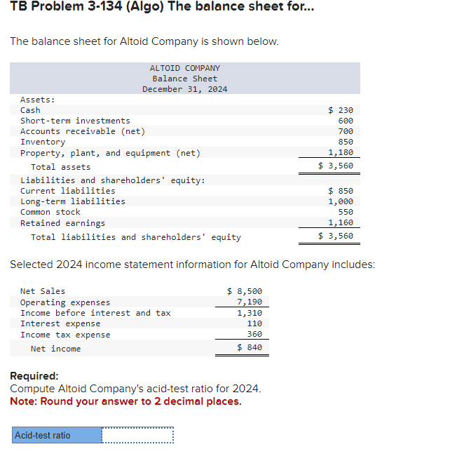 Solved TB Problem 3-134 (Algo) ﻿The balance sheet for...The | Chegg.com