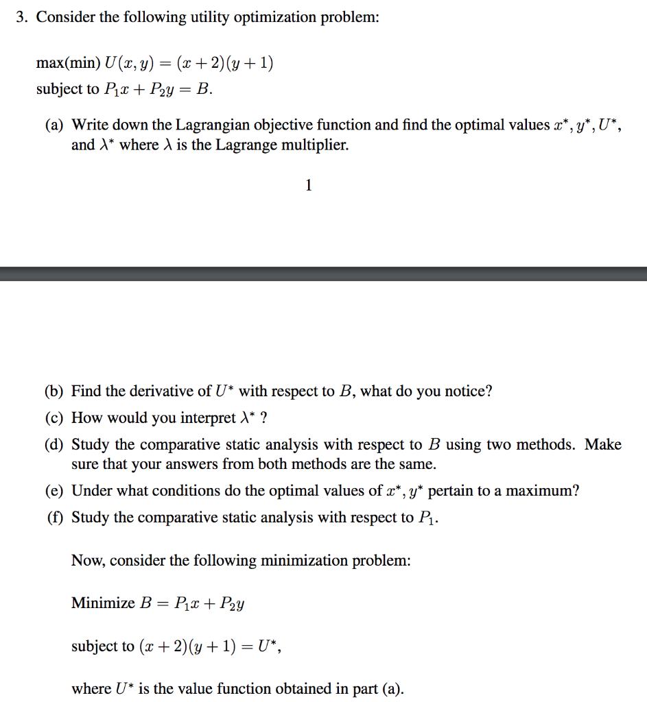 Solved 3. Consider the following utility optimization | Chegg.com