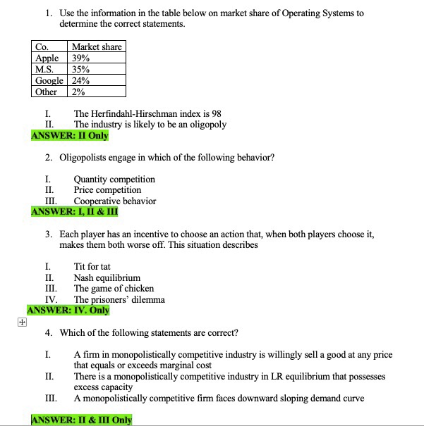 Solved 1 Use The Information In The Table Below On Market