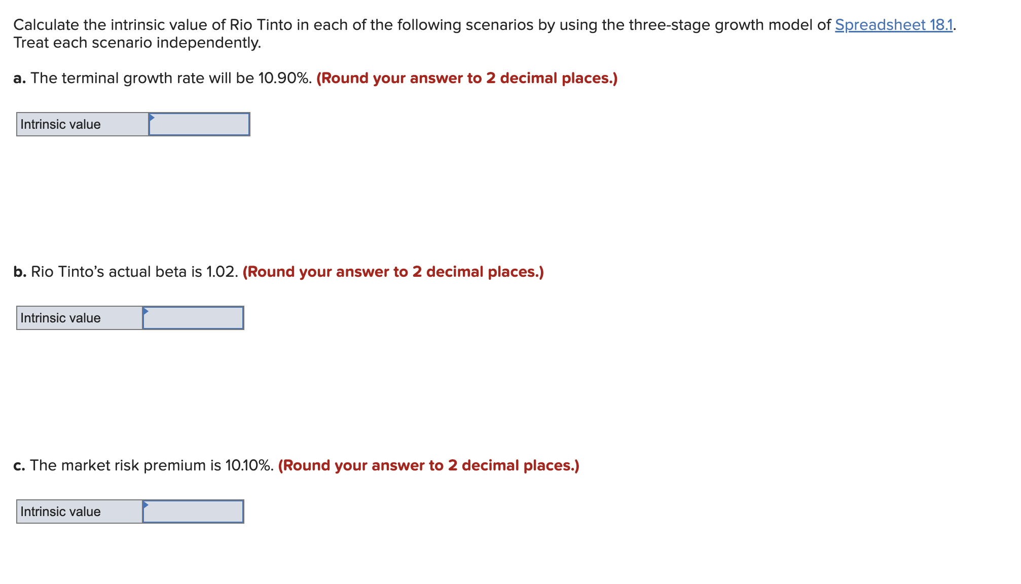 Solved Calculate the intrinsic value of Rio Tinto in each of | Chegg.com