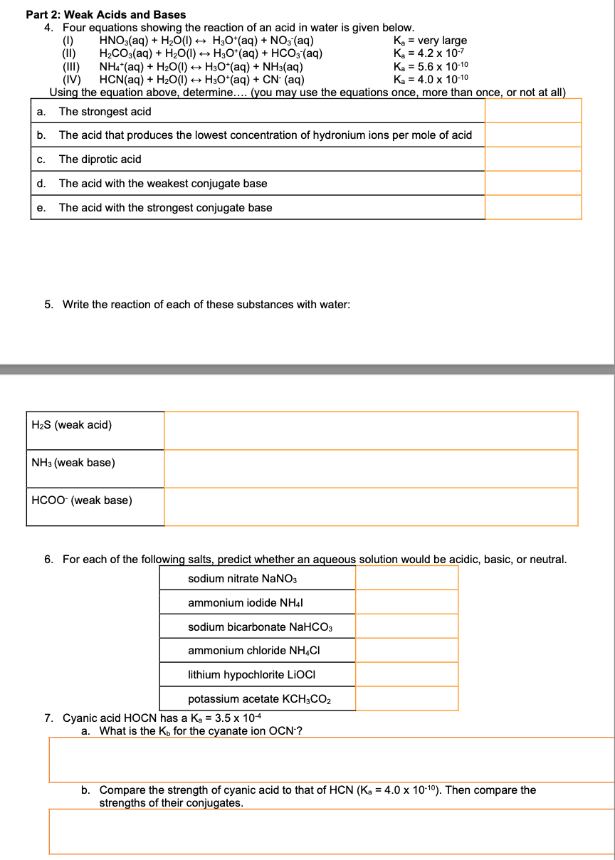 Solved Part 2: Weak Acids and BasesFour equations showing | Chegg.com