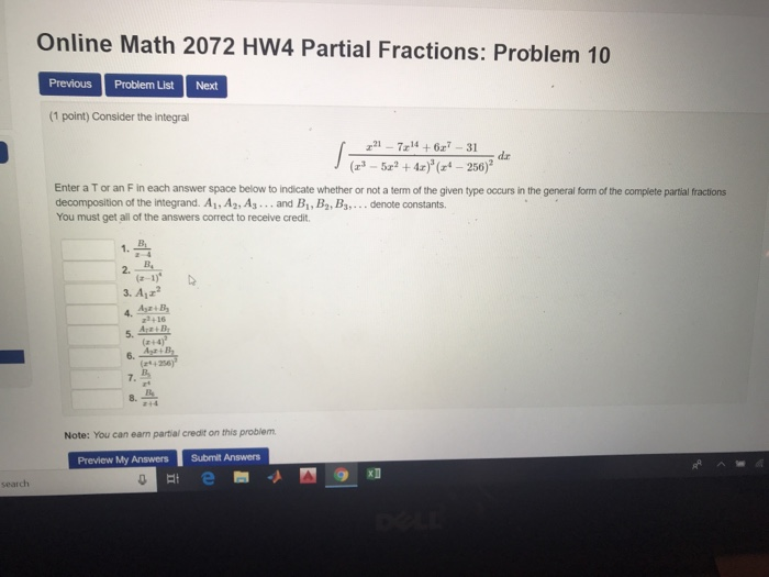Solved Online Math 2072 HW4 Partial Fractions: Problem 10 | Chegg.com