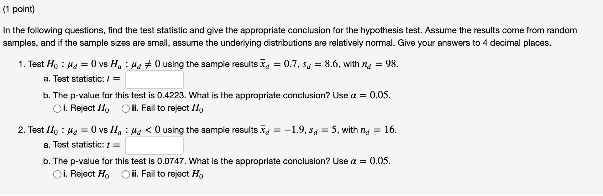 Solved (1 point) In the following questions, find the test | Chegg.com