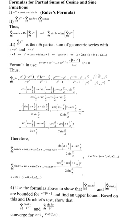 Solved Formulas for Partial Sums of Cosine and Sine | Chegg.com