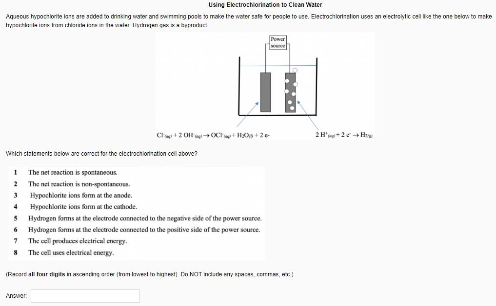 Solved Using Electrochlorination to Clean Water Aqueous | Chegg.com