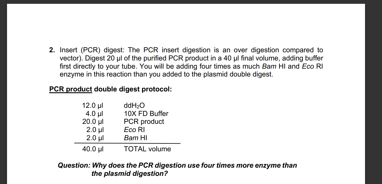 Solved Why does the PCR digestion use four times more enzyme | Chegg.com