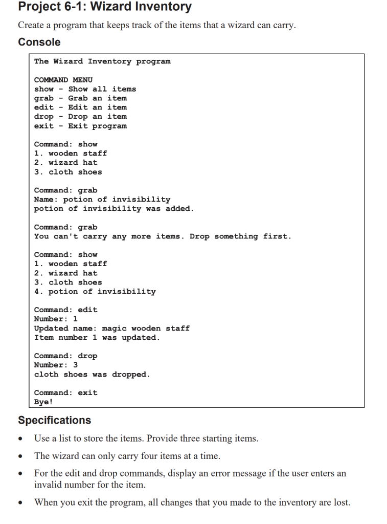 Solved Project 6-1: Wizard Inventory Create a program that | Chegg.com
