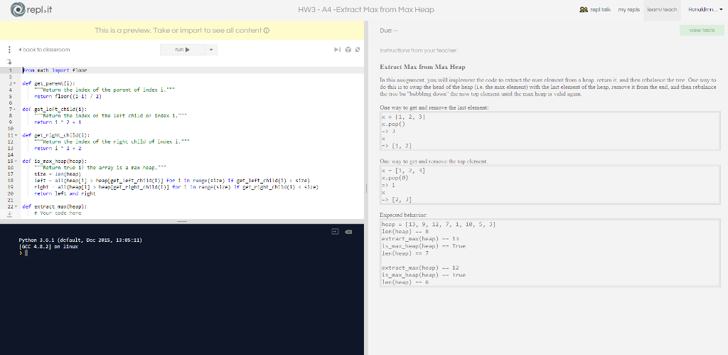 Solved repl.it HW3- A4-Extract Max from Max Heap This is a | Chegg.com