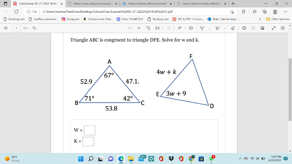 Solved Triangle ABC is congruent to triangle DFE. Solve for | Chegg.com