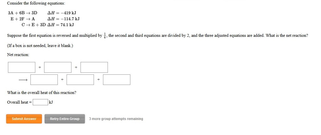 Solved Consider the following equations: 3A + 6B + 3D AH = | Chegg.com