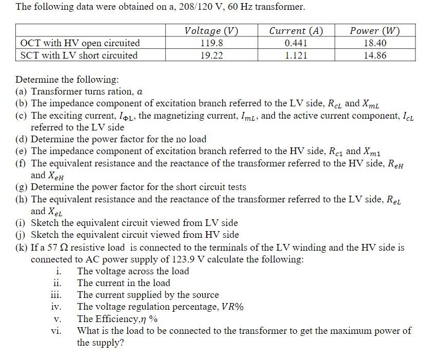Solved The following data were obtained on a, 208/120 V, 60 | Chegg.com