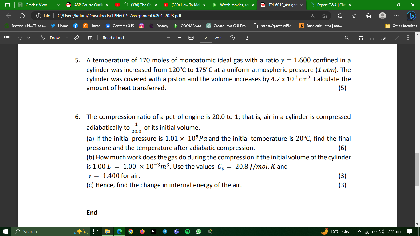 Solved 5. A temperature of 170 moles of monoatomic ideal gas | Chegg.com