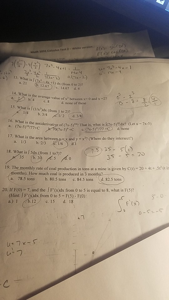 Solved ) Math 1031 Calculus Test 2 - white version co (*)-( | Chegg.com