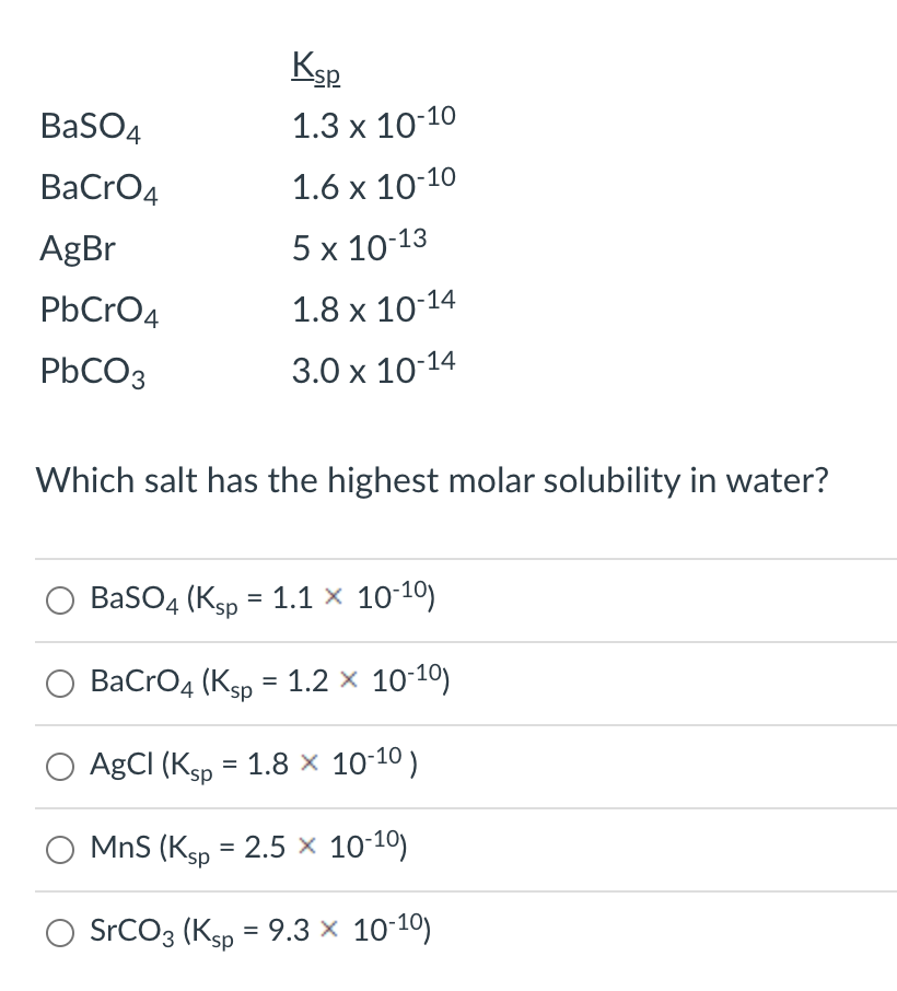 Solved Ksp BaSO4 BaCrO4 AgBr PbCrO4 PbCO3 1.3 x 10-10 1.6 x | Chegg.com