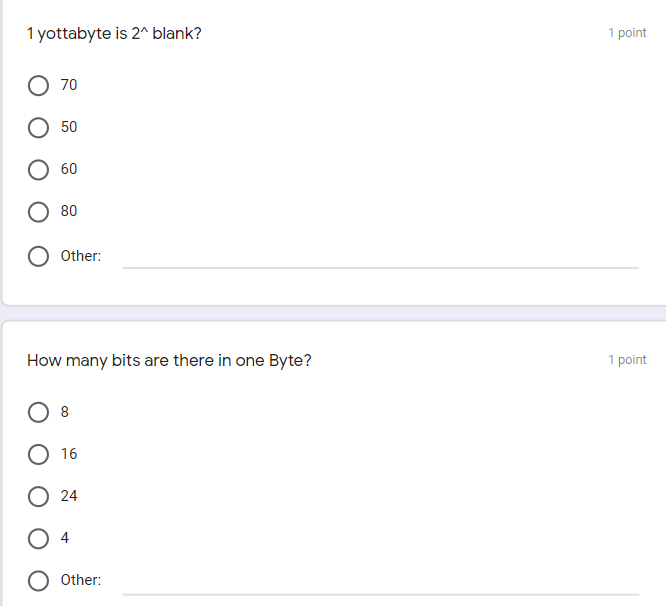 Solved 1 yottabyte is 2^ blank? 1 point O 70 50 60 80 Other: | Chegg.com