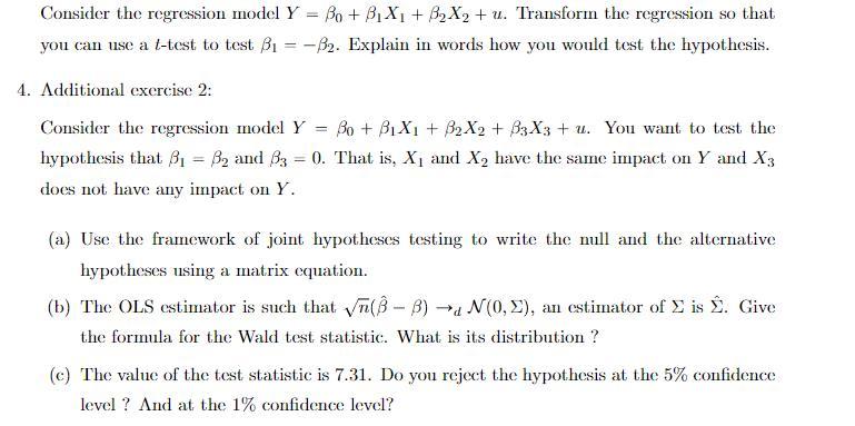 Consider the regression model Y=β0+β1X1+β2X2+u. | Chegg.com