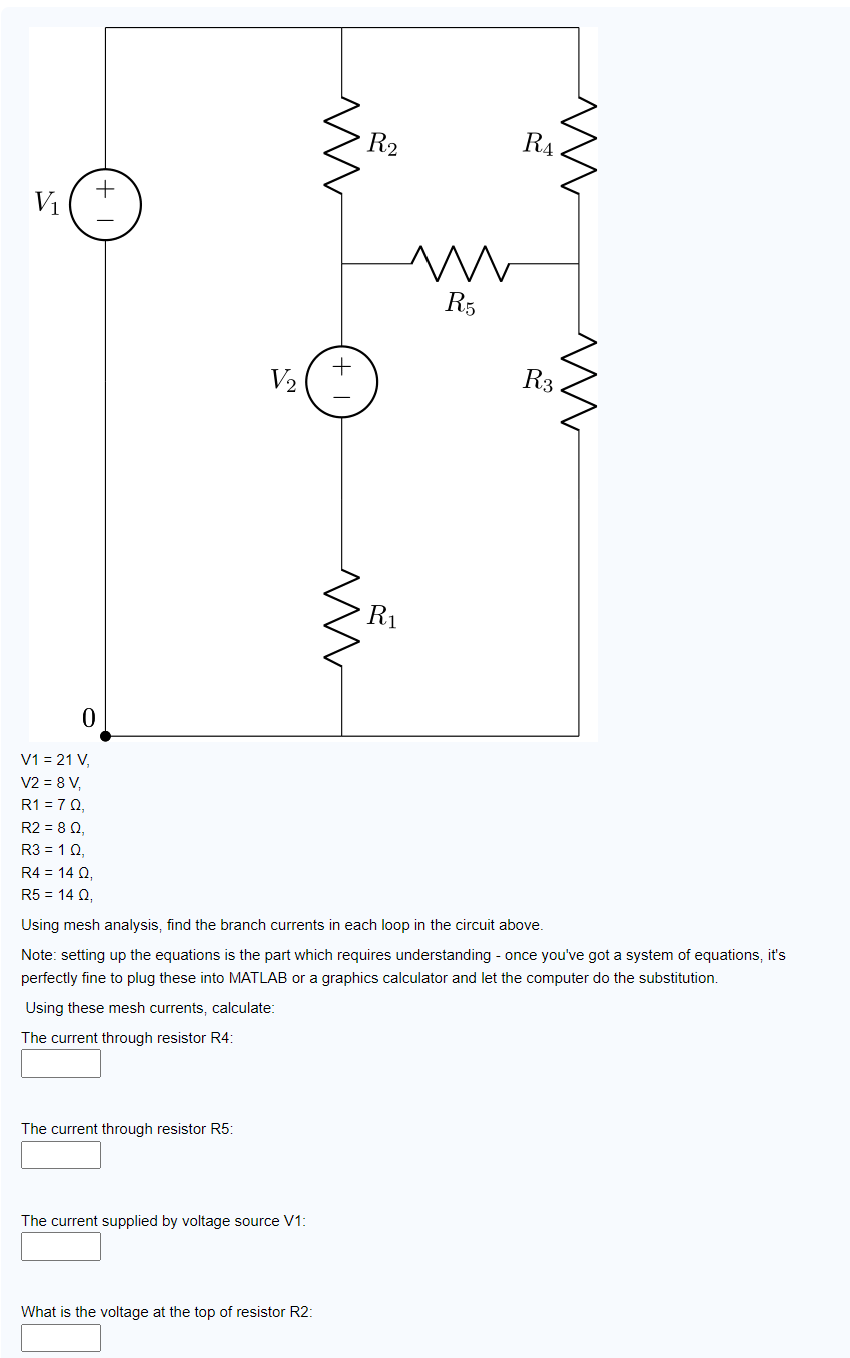 Solved v1−∠v,V2=8 V,R1=7Ω,R2=8Ω,R3=1Ω,R4=14Ω,R5=14Ω, Using | Chegg.com