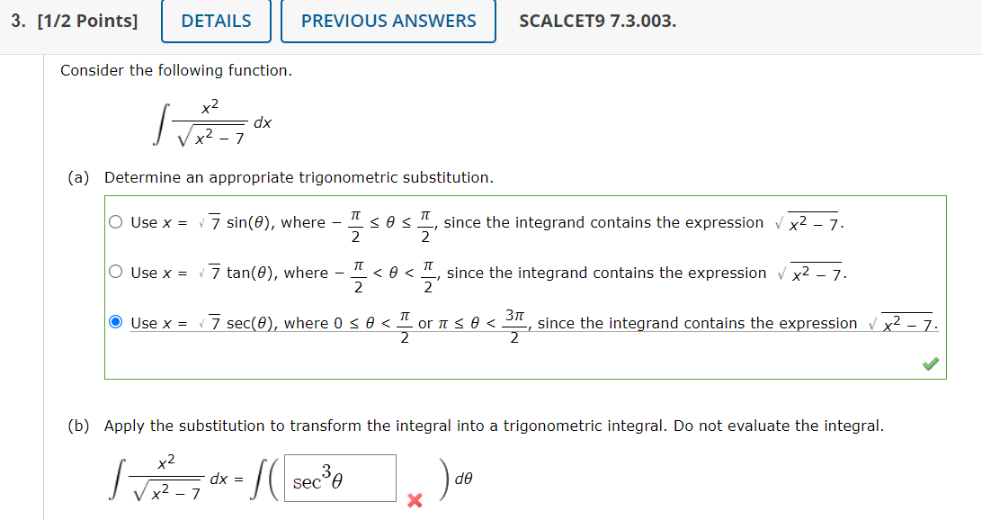 Solved 9. [-12 Points] DETAILS SCALCET9 7.3.027. Evaluate | Chegg.com