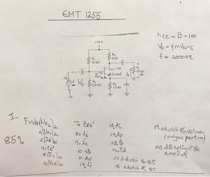 Solved EMT 1255 +12 V Rc 6 kn Ri 12 kΩ 4 Ru hFE = 100. R2 | Chegg.com