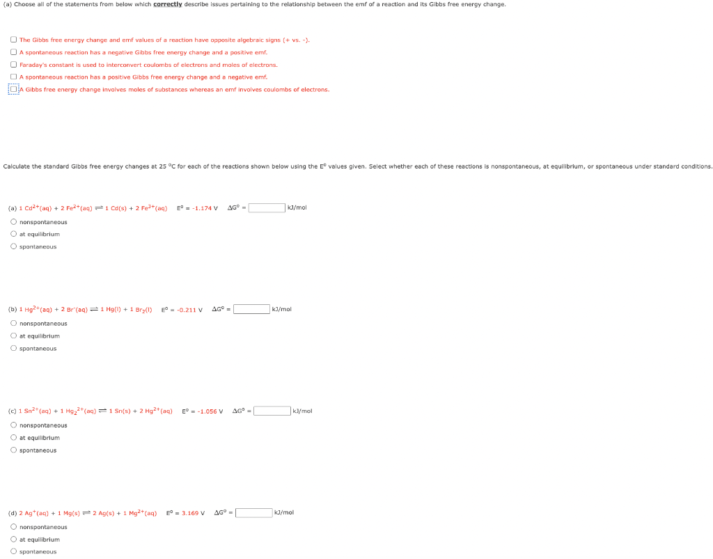 Solved The Gibbs free energy change and emf values of a | Chegg.com