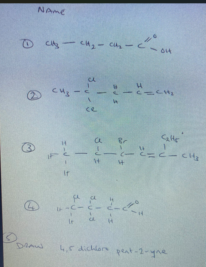 Solved NAme (i) CH3−CH2−CH2−C′/>OH (2) CH3−cea−cH4−c=cH2 | Chegg.com