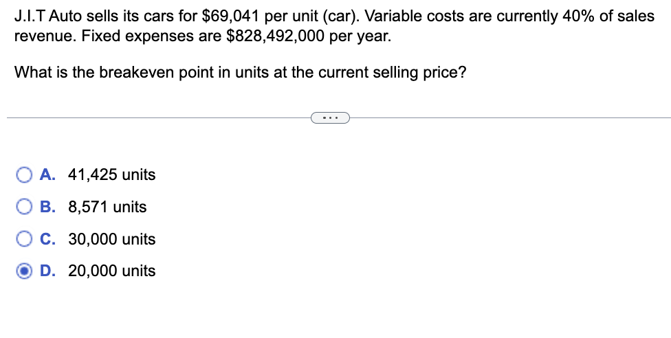 Solved J.I.T Auto sells its cars for $69,041 ﻿per unit | Chegg.com
