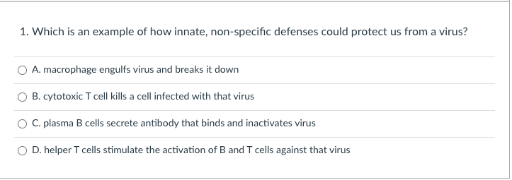 Solved 1. Which is an example of how innate, non-specific | Chegg.com