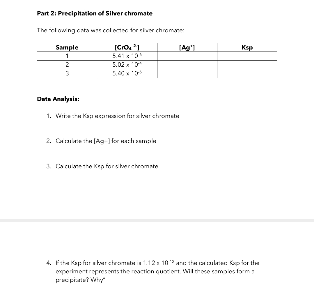 Solved by an EXPERT Part 2: Precipitation of Silver chromateThe ...