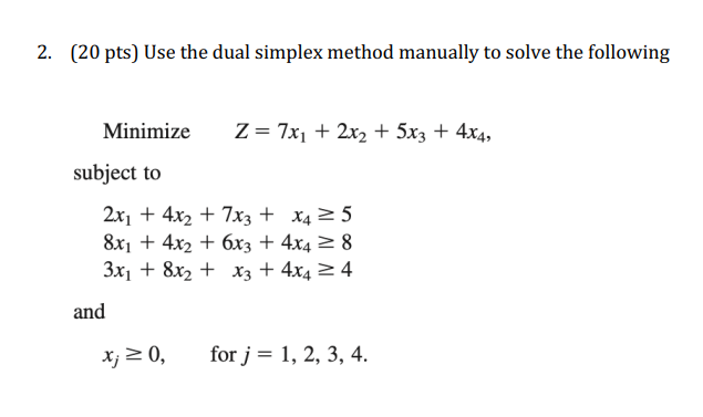 Solved (20 ﻿pts) ﻿Use the dual simplex method manually to | Chegg.com
