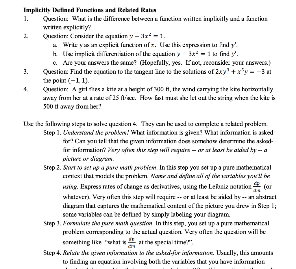 Solved Implicitly Defined Functions and Related Rates 1. | Chegg.com