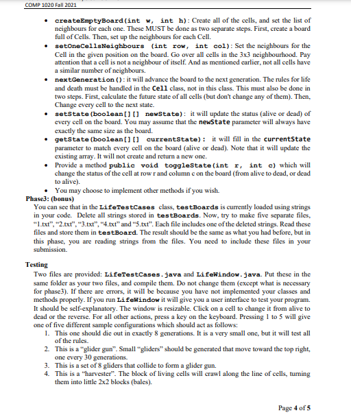 ASSIGNMENT 2.Corway's Game of Life COMP1020 al 2021 | Chegg.com