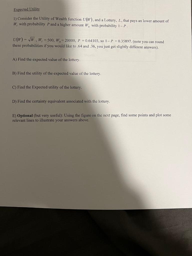 Solved Expected Utility 1) Consider the Utility of Wealth | Chegg.com