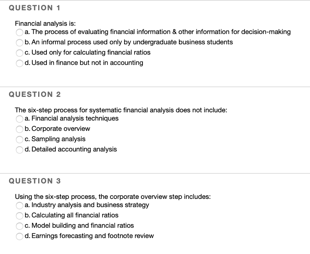 Solved QUESTION 1 Financial analysis is: a. The process of | Chegg.com