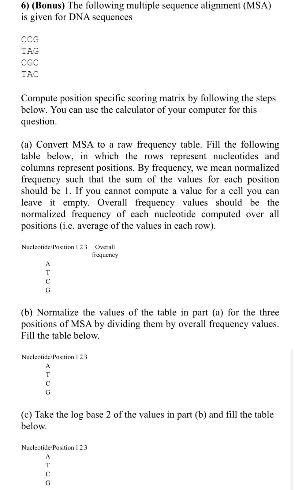 Solved ) ﻿The following multiple sequence alignment (MSA) | Chegg.com
