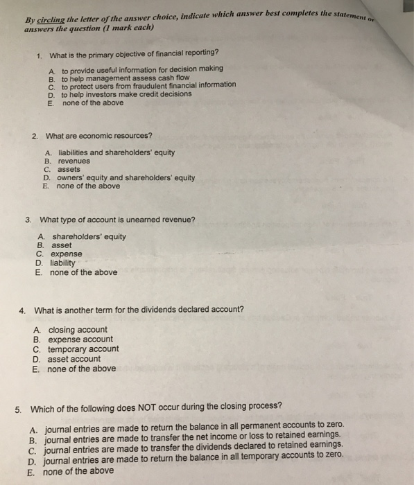 Solved By circling the letter of the answer choice, indicate | Chegg.com