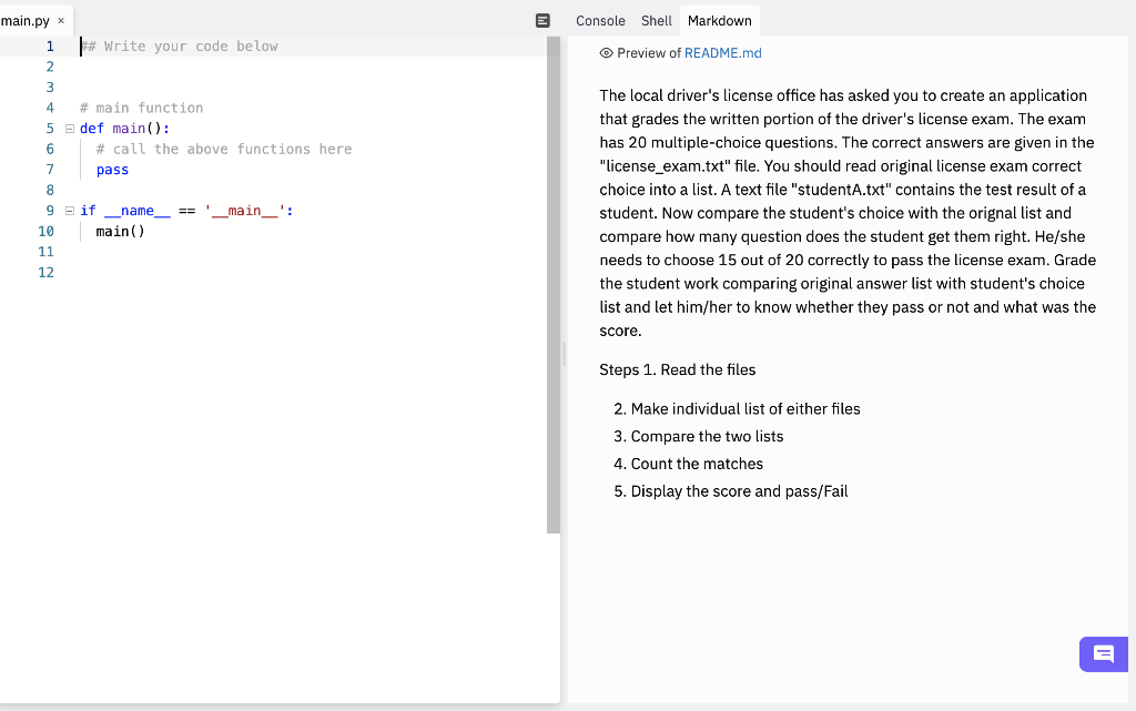 Solved E Console Shell Markdown Preview of README.md main.py | Chegg.com