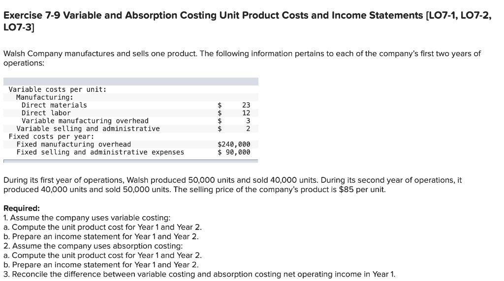 Solved Exercise 7-9 Variable and Absorption Costing Unit | Chegg.com