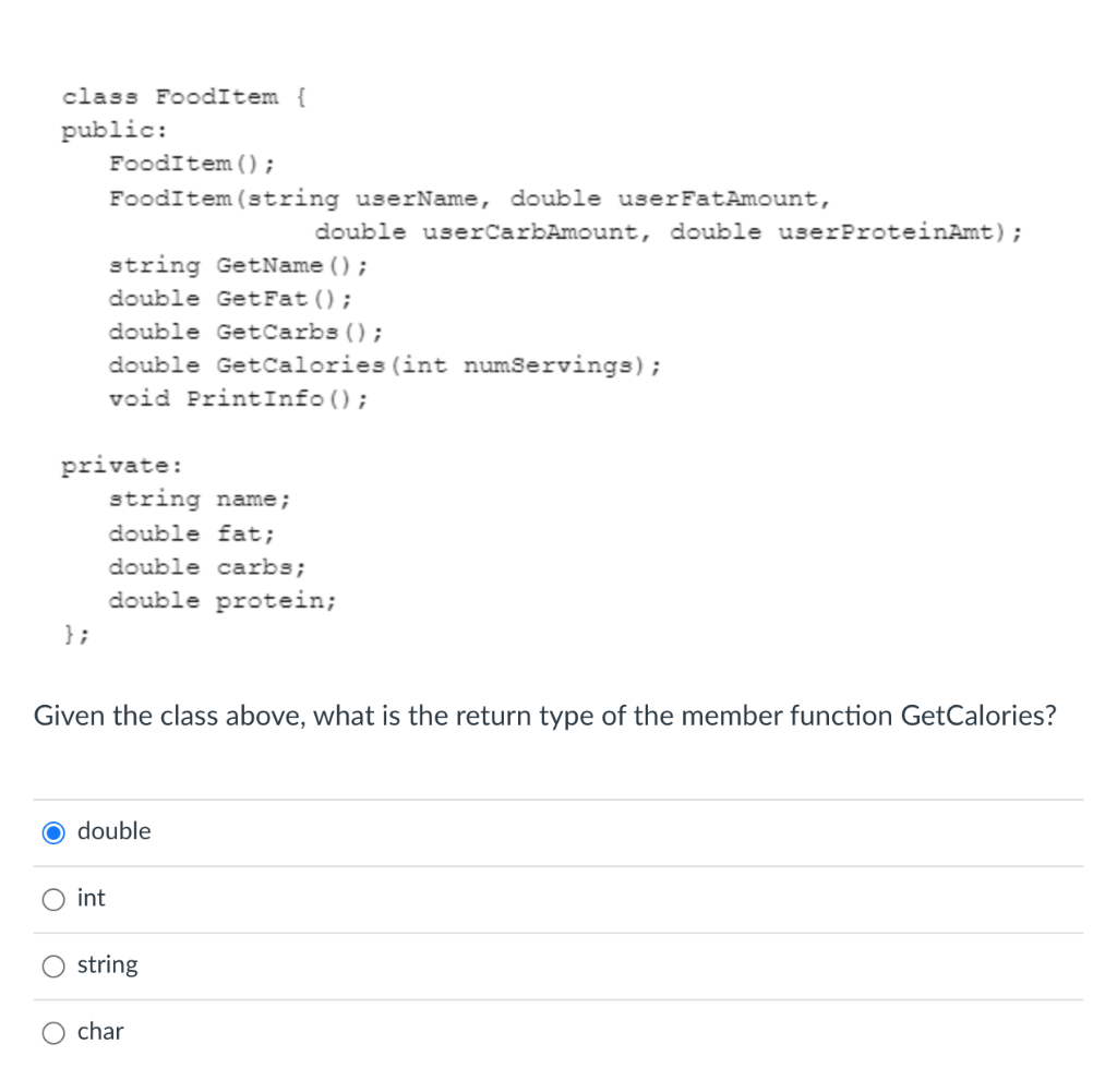 Solved class FoodItem { public: FoodItem(); FoodItem(string | Chegg.com Solved class FoodItem { public: FoodItem(); FoodItem(string | Chegg.com
