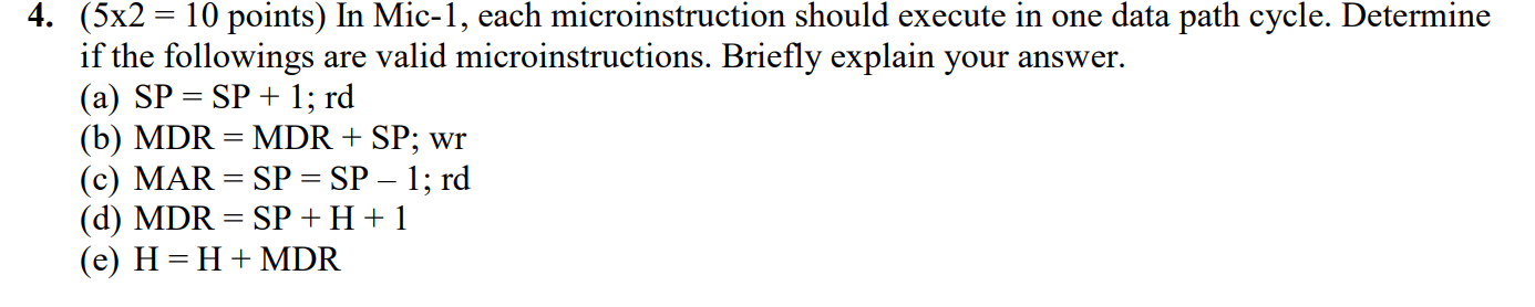 4. (5x2 = 10 points) In Mic-1, each microinstruction | Chegg.com