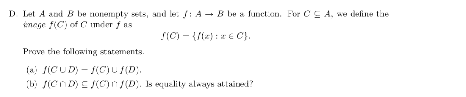 Solved D. Let A and B be nonempty sets, and let f: A + B be | Chegg.com