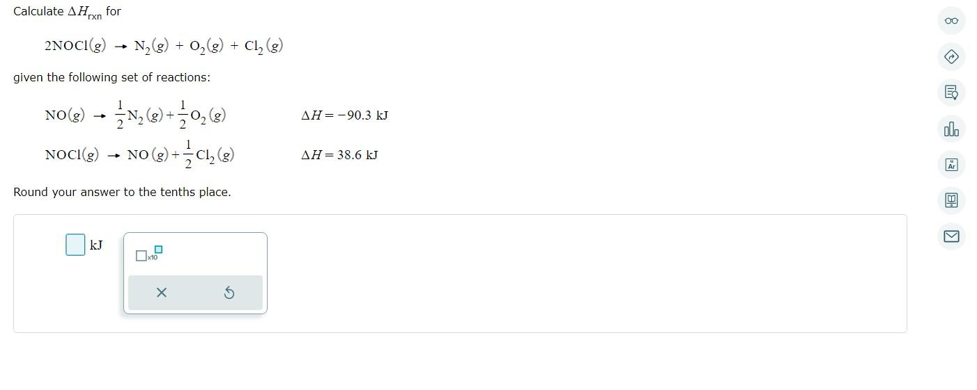 Solved Calculate ΔHrxn for 2NOCl(g)→N2(g)+O2(g)+Cl2(g) given | Chegg.com