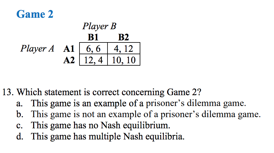 Solved Game 2 Player B B1 B2 Player A A16, 64,12 A2 12,410, | Chegg.com