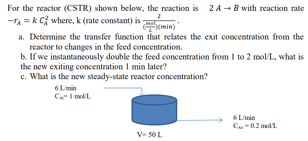 Solved 2 For the reactor (CSTR) shown below, the reaction is | Chegg.com