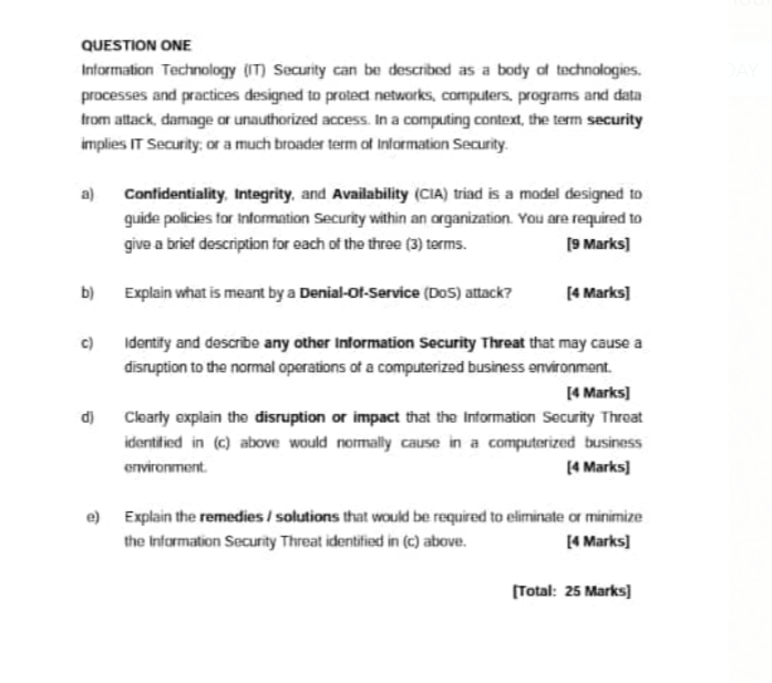 Solved QUESTION ONE Information Technology (IT) Security can | Chegg.com