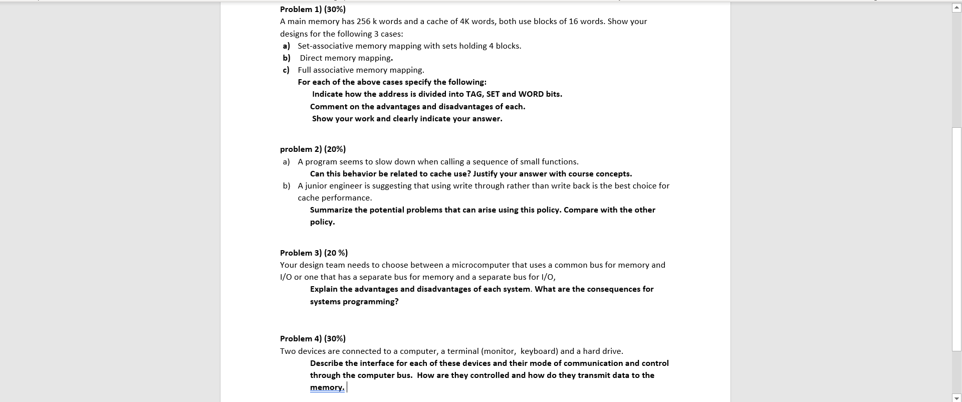 Problem 1) (30%) A main memory has 256 k words and a | Chegg.com