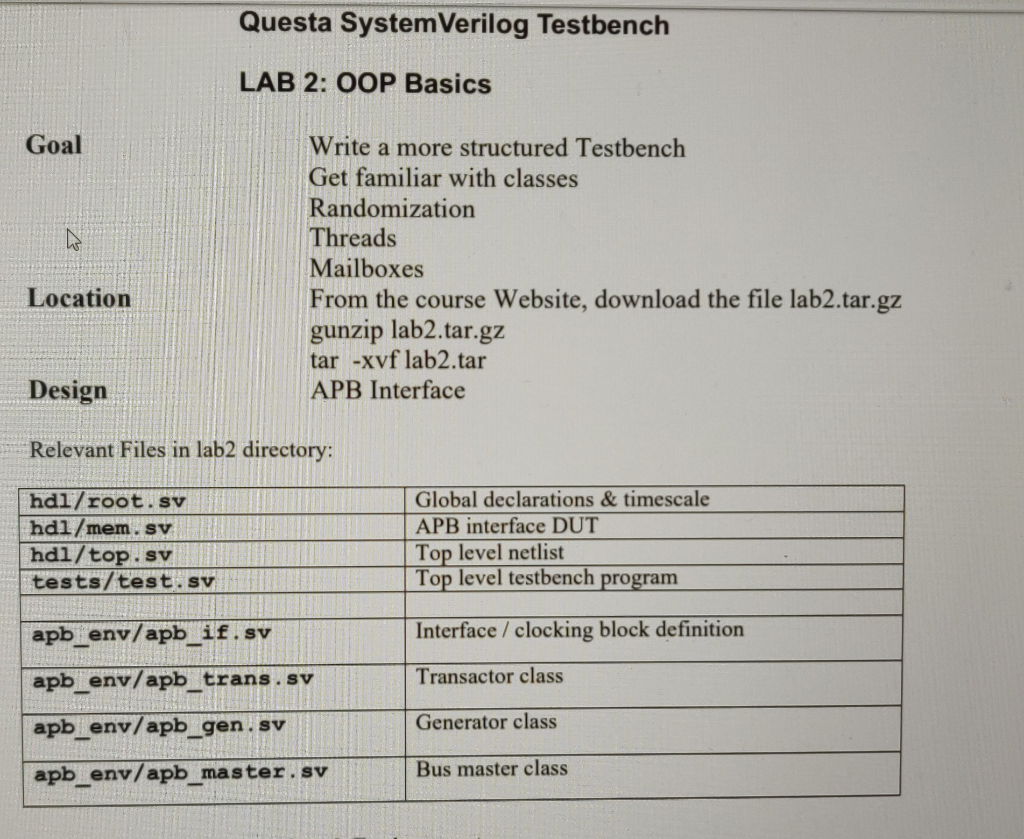 Questa System Verilog Testbench LAB 2: OOP Basics | Chegg.com